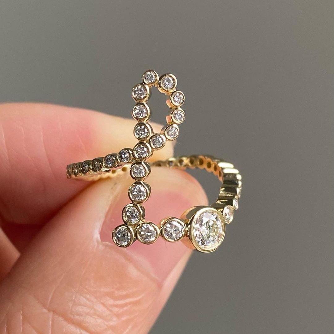 L Letter Round Cut Bezel Set Cz Diamond Band | Unique Party Wear Solid ...