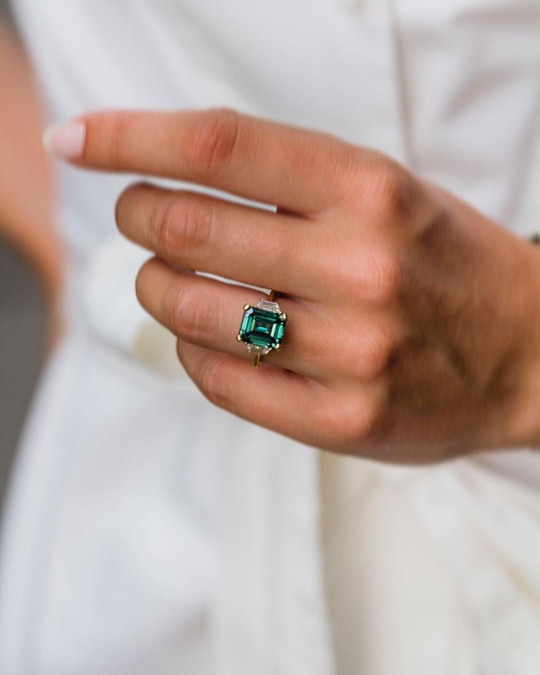 Green Emerald Cut Three Stone CZ Diamond Ring Emerald Cut With Side ...