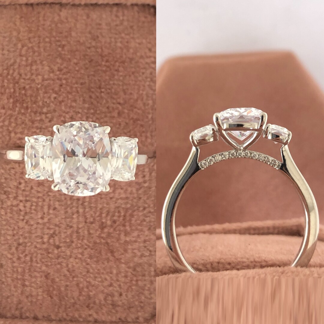 White Cushion Cut Cz 3 Stone Ring | Three Stone Ring | Three Stone Cz ...