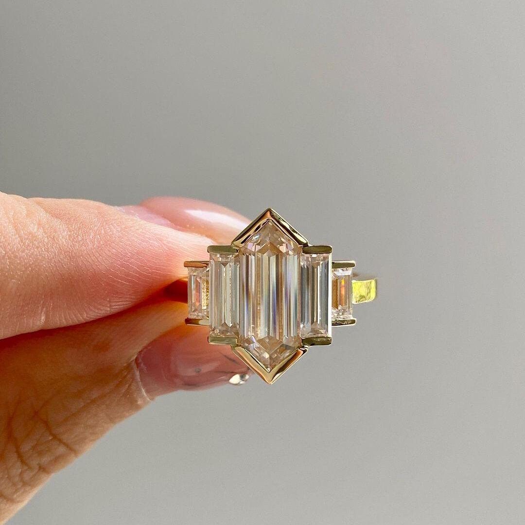 Hexagon Cut Half Bezel Set & Baguette Cut Bar Set Cz Diamond Ring ...