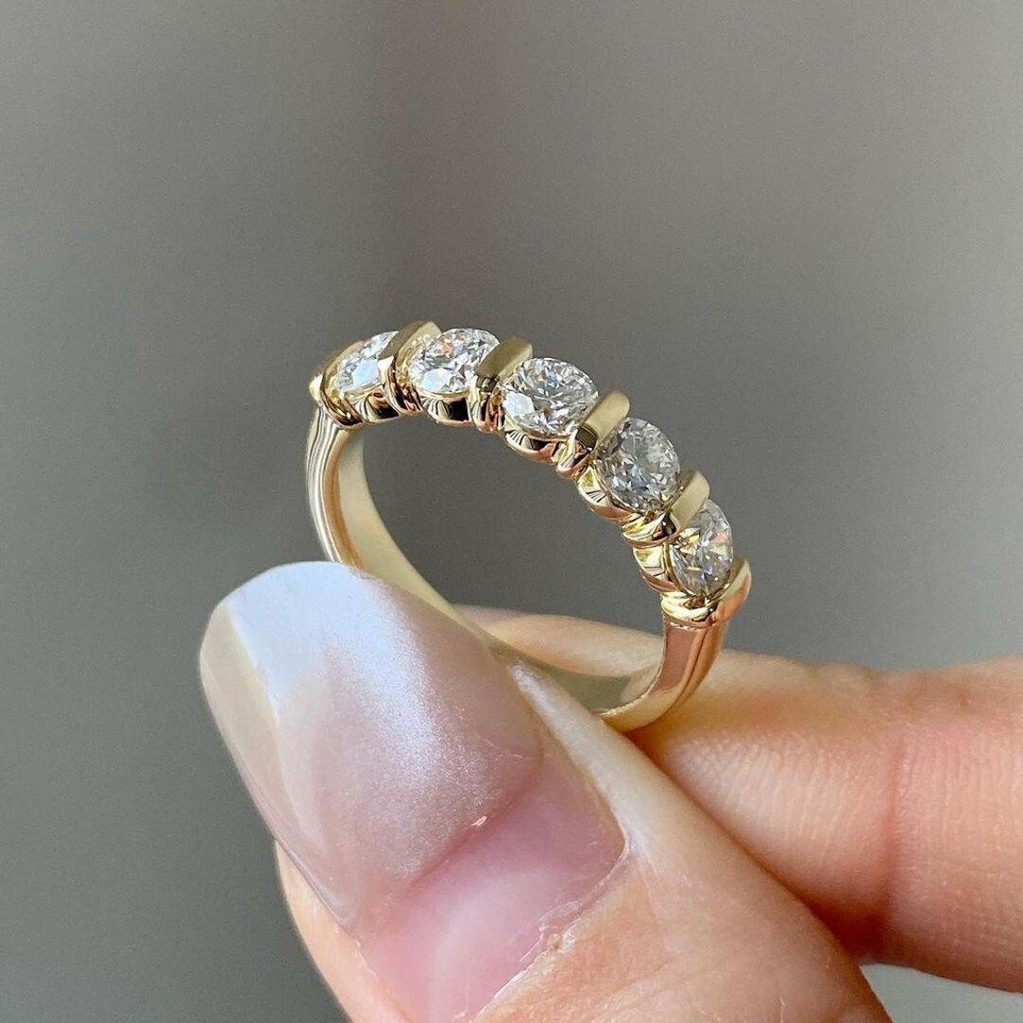 White Round Cut Bar Set Diamond Proposal Gift Ring for Her | Five Stone ...
