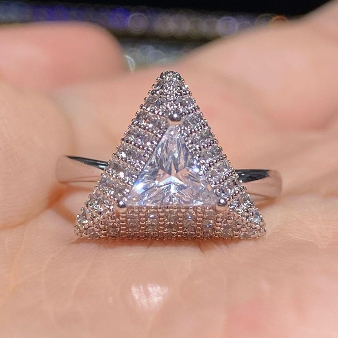 White Triangle Cut 3 Prong With Triple Row Pave Set Rotating Cz Diamond ...