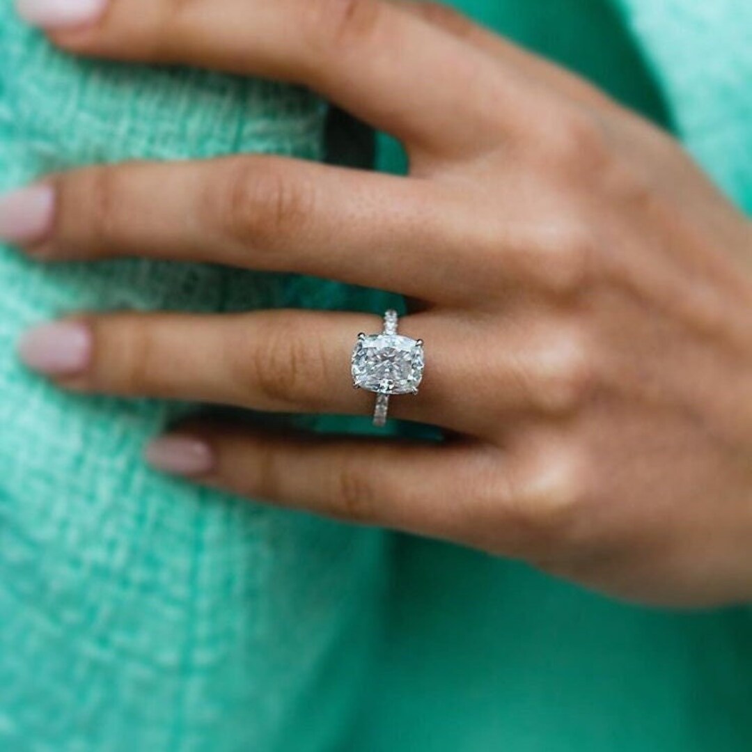 White Elongated Cushion Cut 4 Claw Prong With Hidden Halo Ring ...