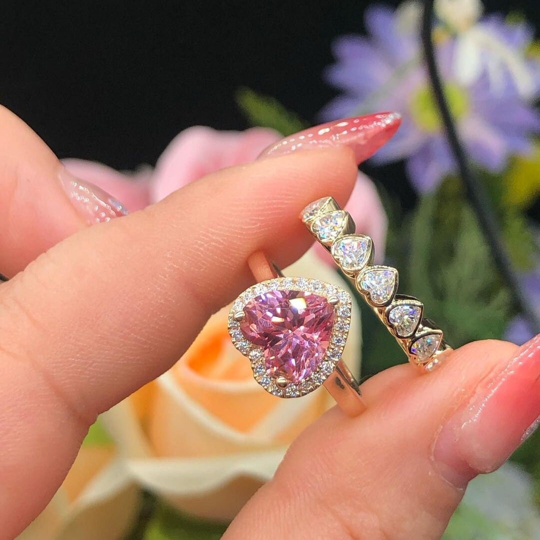 Pink Heart Cut Solitaire Halo Ring With Bezel Set Band Cz Diamond Ring ...