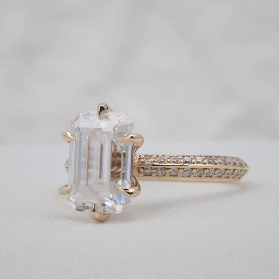 Emerald Cut 6 Prong Solitaire Knife Edge Pave Set Cz Diamond Ring ...