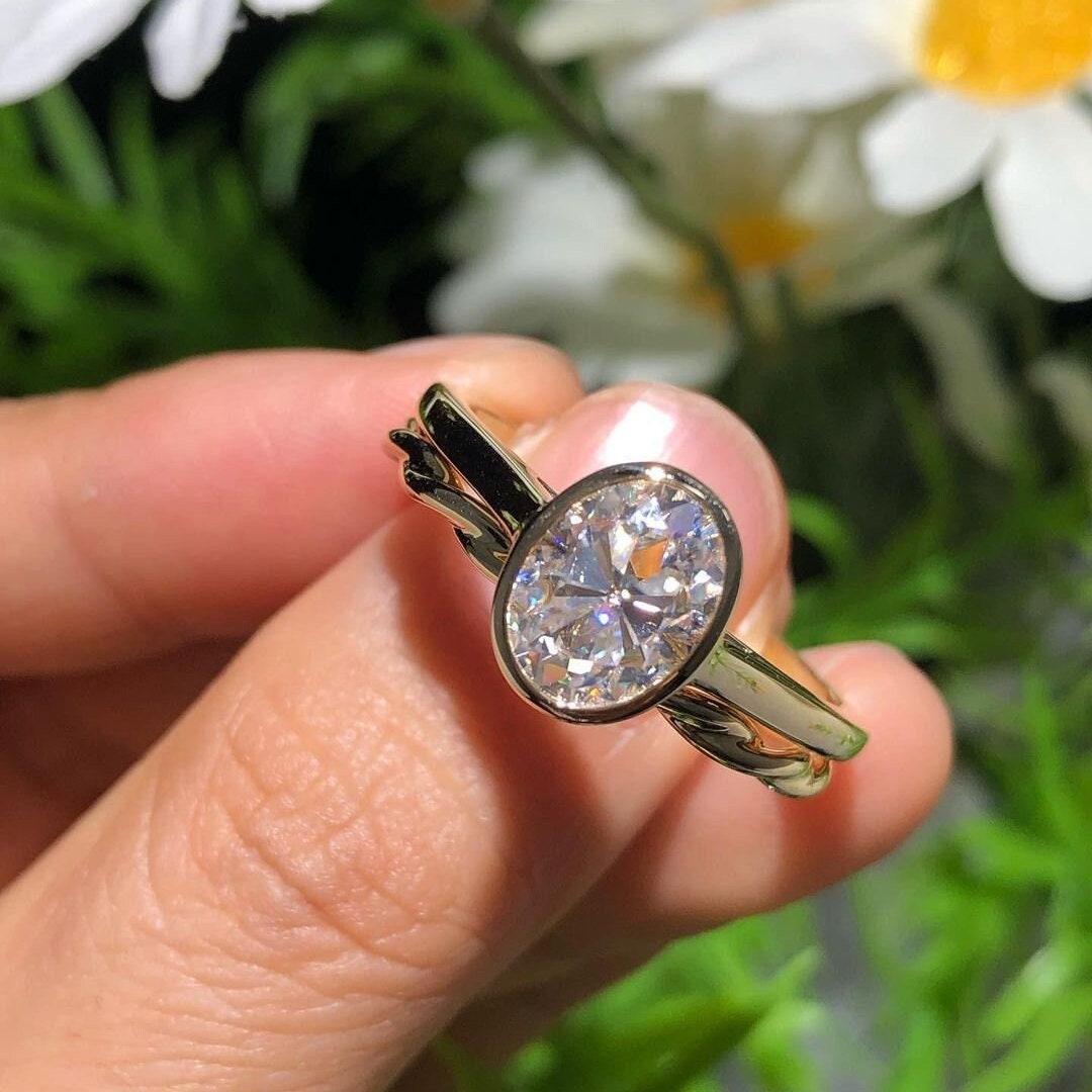 White Oval Cut Cz Bezel Set Solitaire Ring Set | Solid Gold Ring Set ...