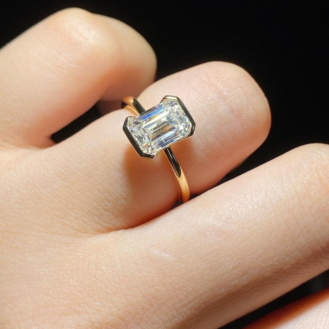 White Emerald Cut Cz Solitaire Half Bezel Set Ring | Perfect ...