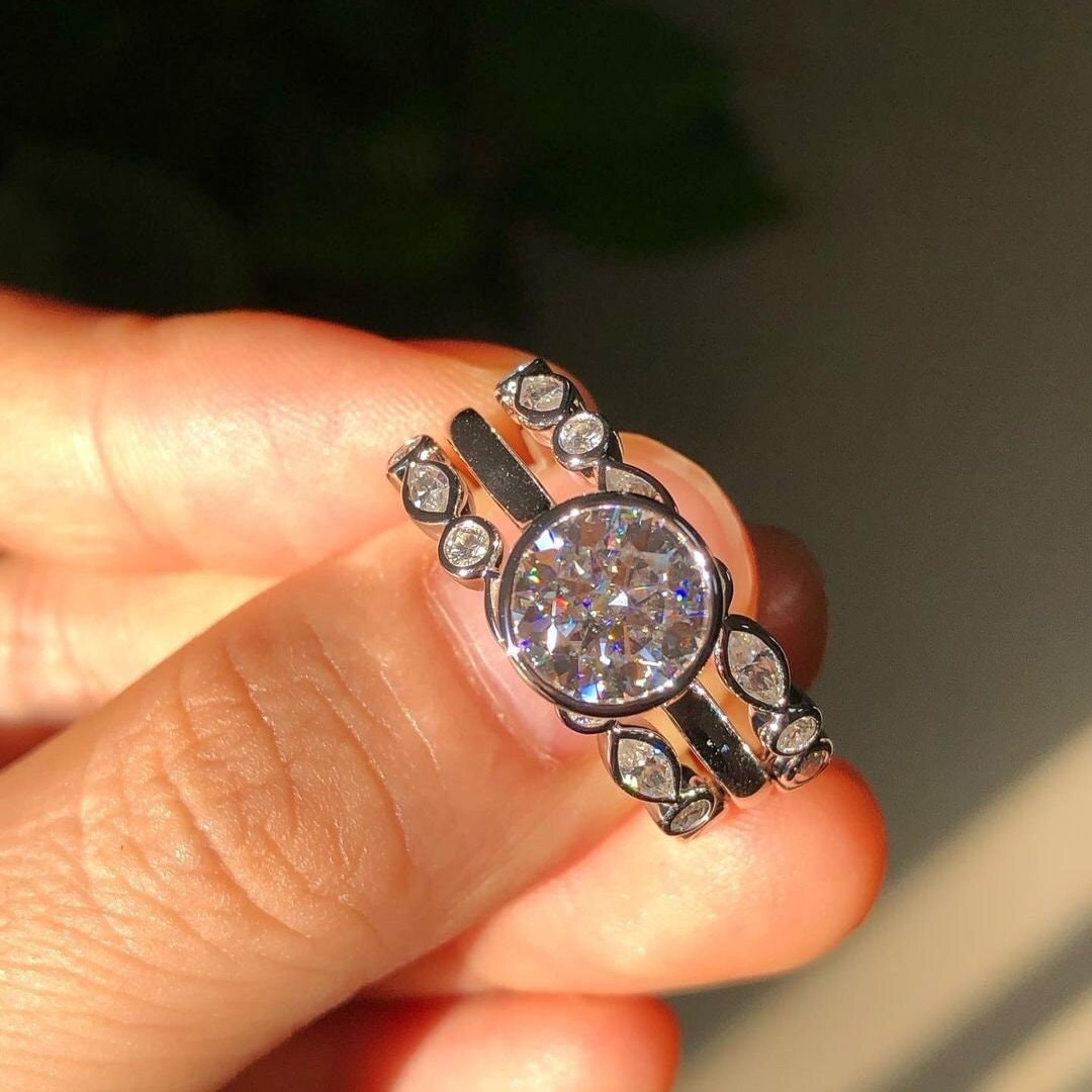 White Round Cut Bezel Set Solitaire Ring Set | Wedding Proposal Ring ...