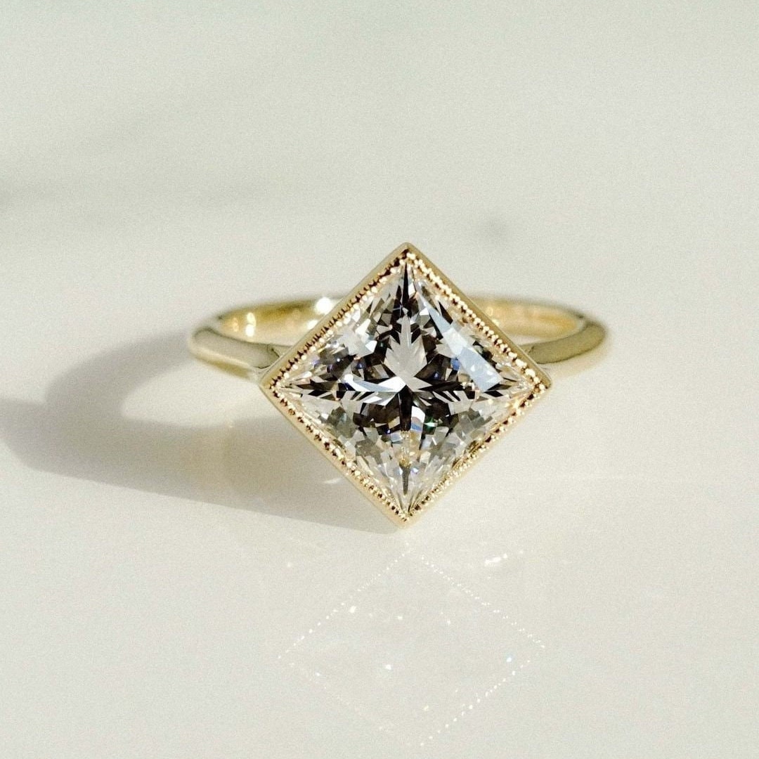 White Princess Cut Diamond Bezel Set Engagement Ring | Proposal Gift ...