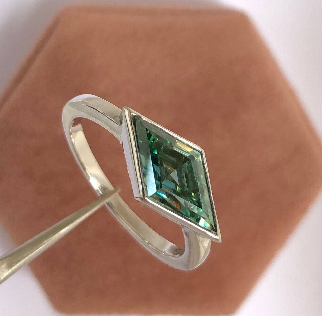 Blue Green Lozenge Cut Bezel Set Moissanite Diamond Ring | Engagement ...