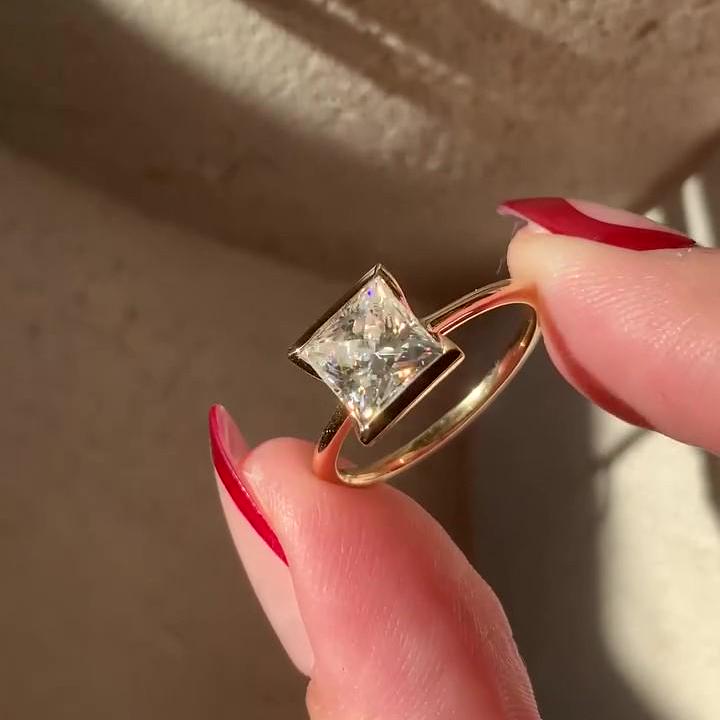 Princess Cut Diamond Half Bezel Set Anniversary Gift Ring Set | Solid ...