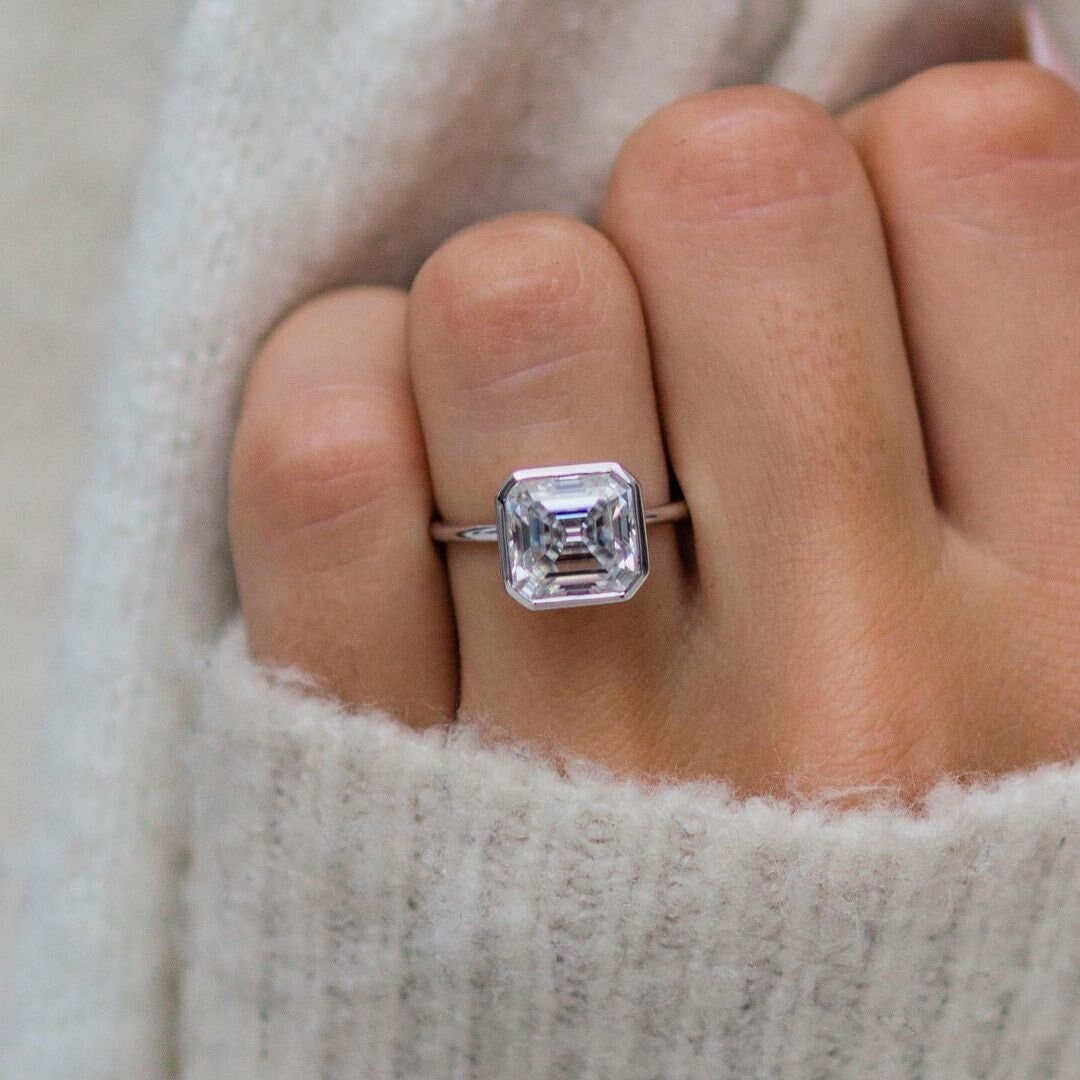 White Asscher Cut Bezel Set Cz Diamond Ring | Birthstone Ring for Women ...