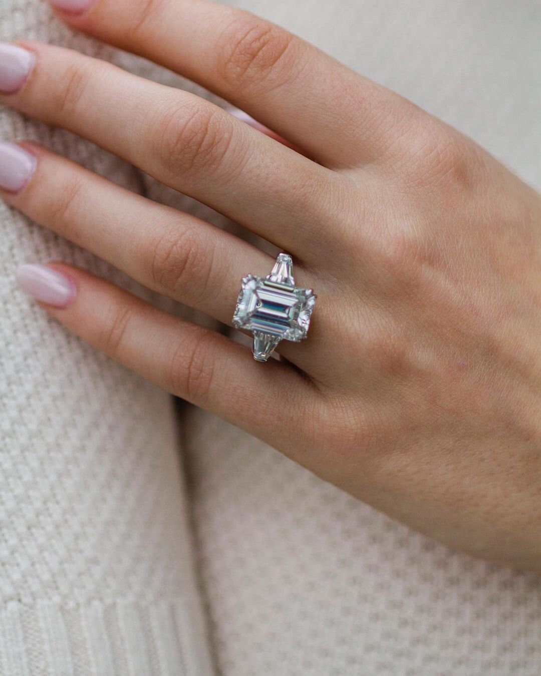 White Emerald Cut Solitaire With Side Tapper Baguette Cz Ring 3 Stone ...