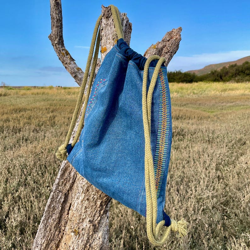 Handmade Upcycled Denim Rucksack: Sashiko Stitched Drawstring Bag - Etsy