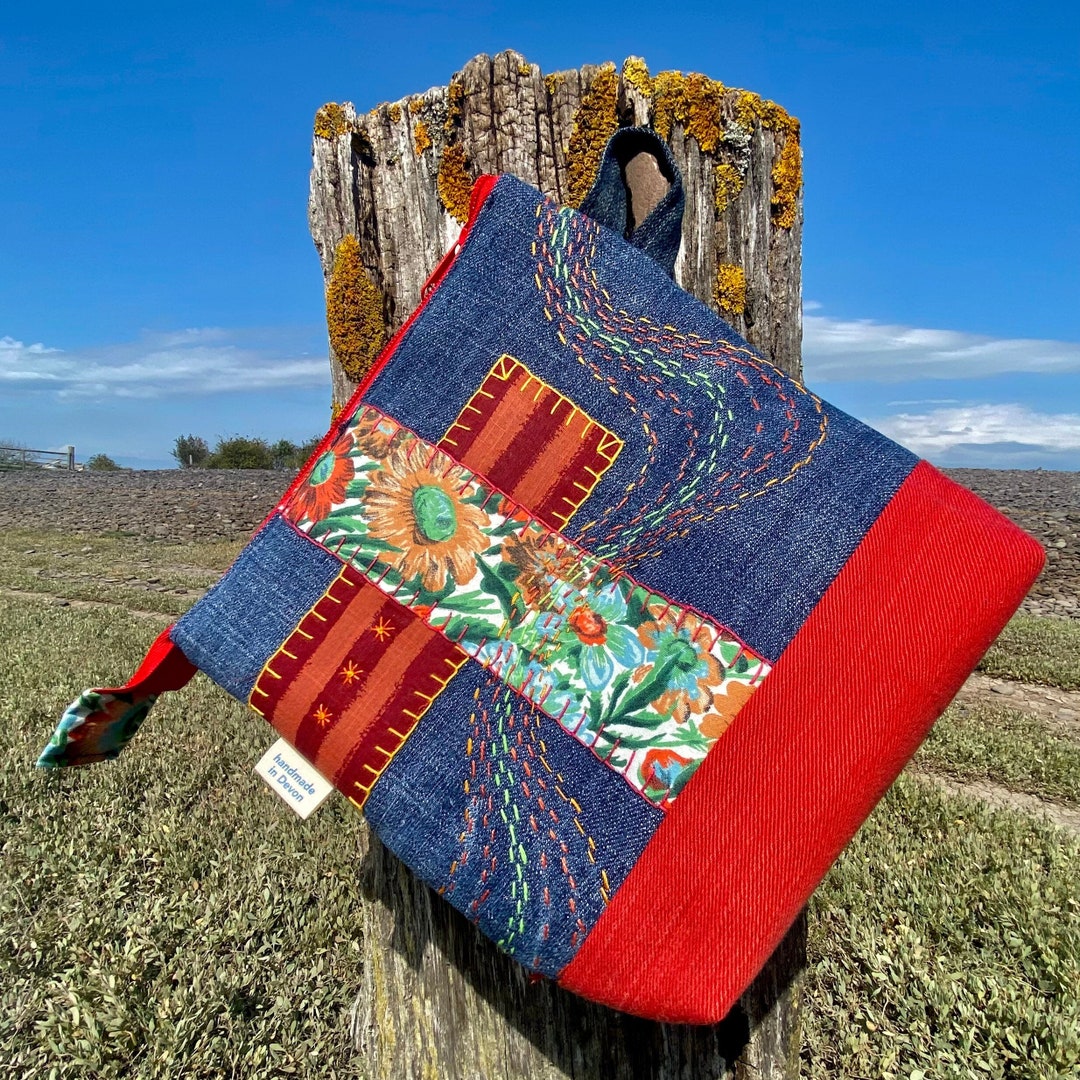 Denim, Patchwork & Hand Embroidered Wash Bag, Purse. Upcycled Vintage ...