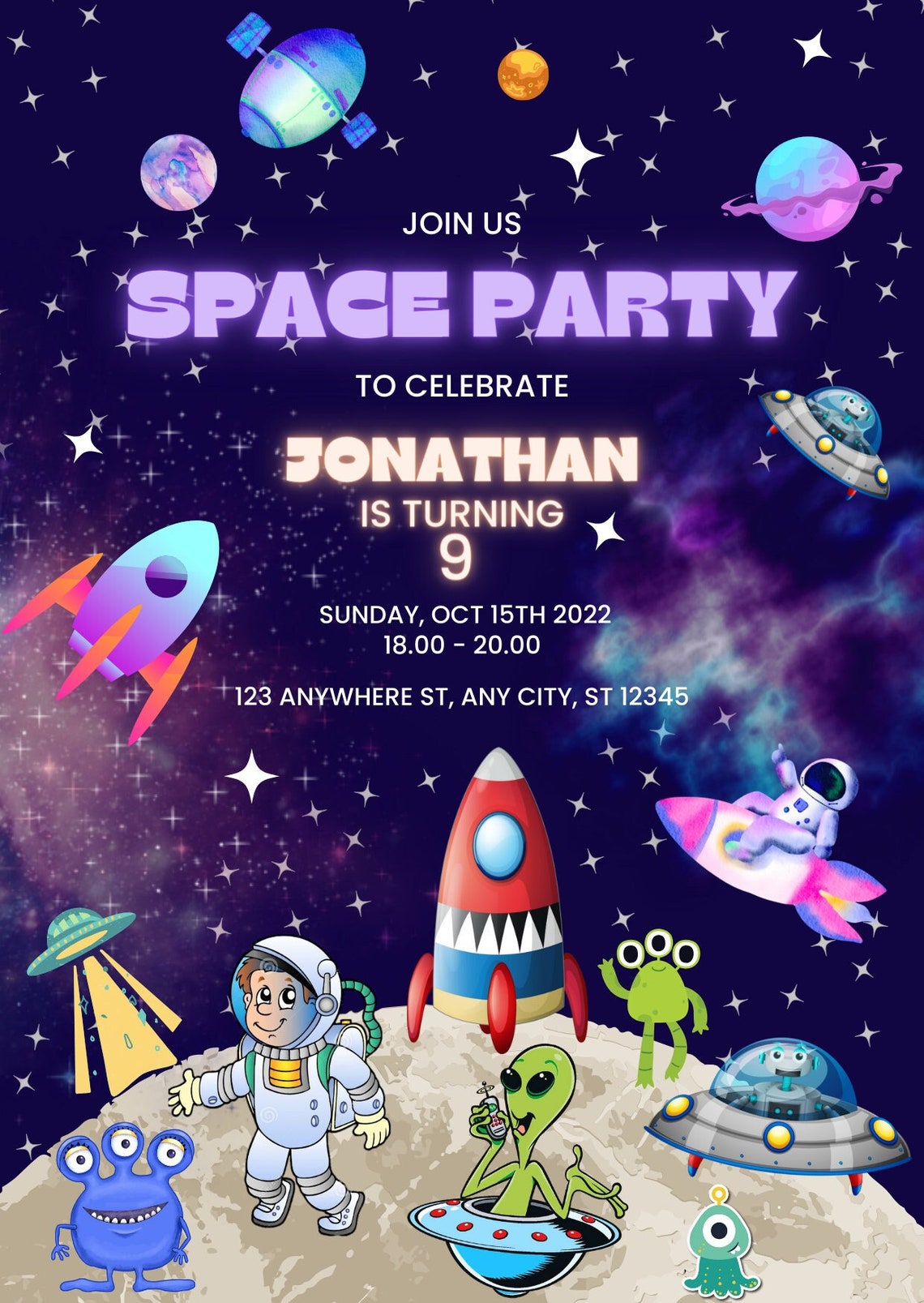 Editable Digital Space Birthday Invitation Kids Galaxy,space,kids Party ...