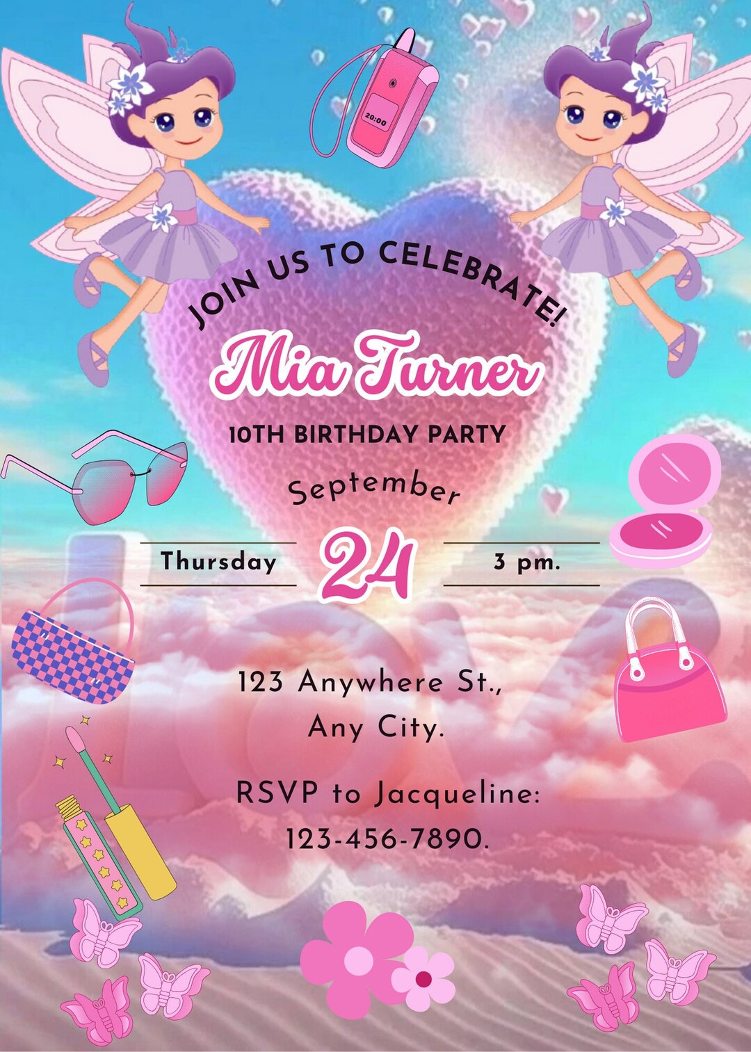 Customizable Birthday Invitation Cute Fairy Girl Template for Kids ...