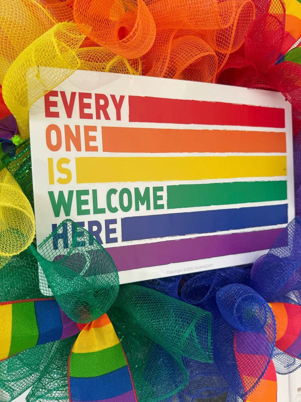 Everyone is Welcome Here Rainbow Pride Flag LGBTQ Sign Mesh Ribbon ...