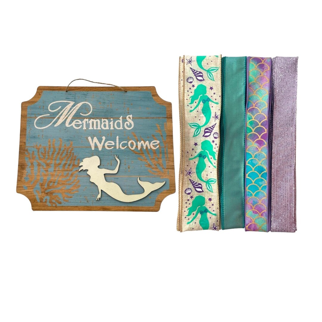 Mermaids Welcome Sign & Ribbon Bundle Set, DIY Summer Wreath Supply Kit ...
