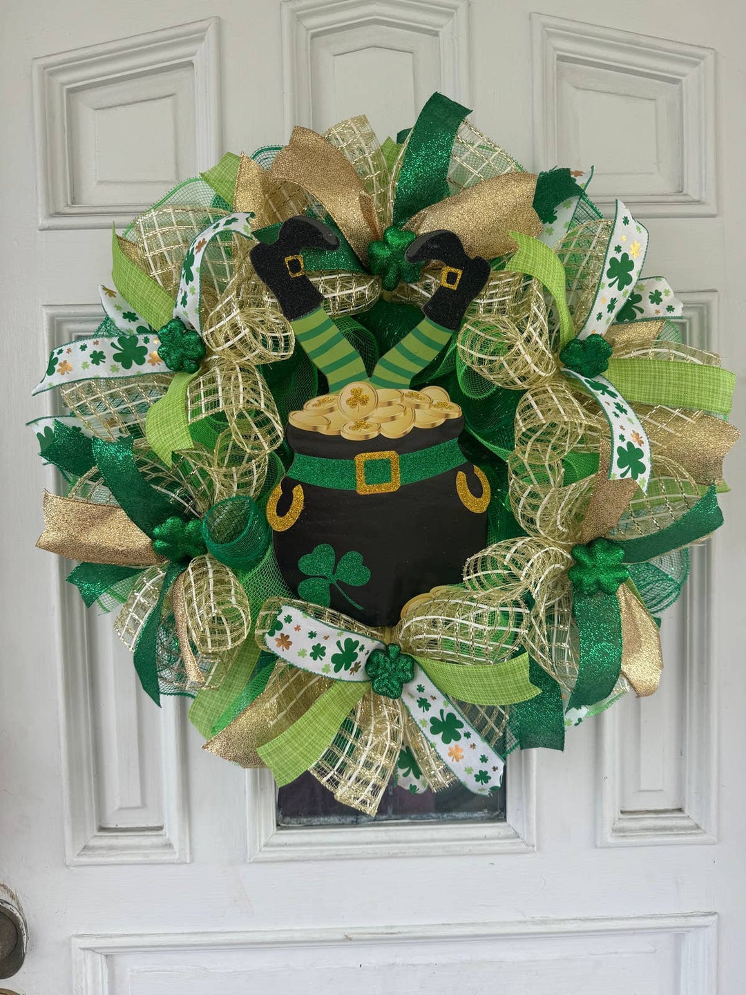 Saint Patricks Day Leprechaun in Pot of Gold Sign Deco Mesh & Ribbon ...