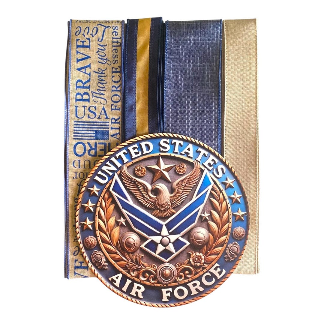 Air Force Wreath Kit Sign and Ribbon Bundle | Patriotic Military Decor | Blue and Gold US Air ...