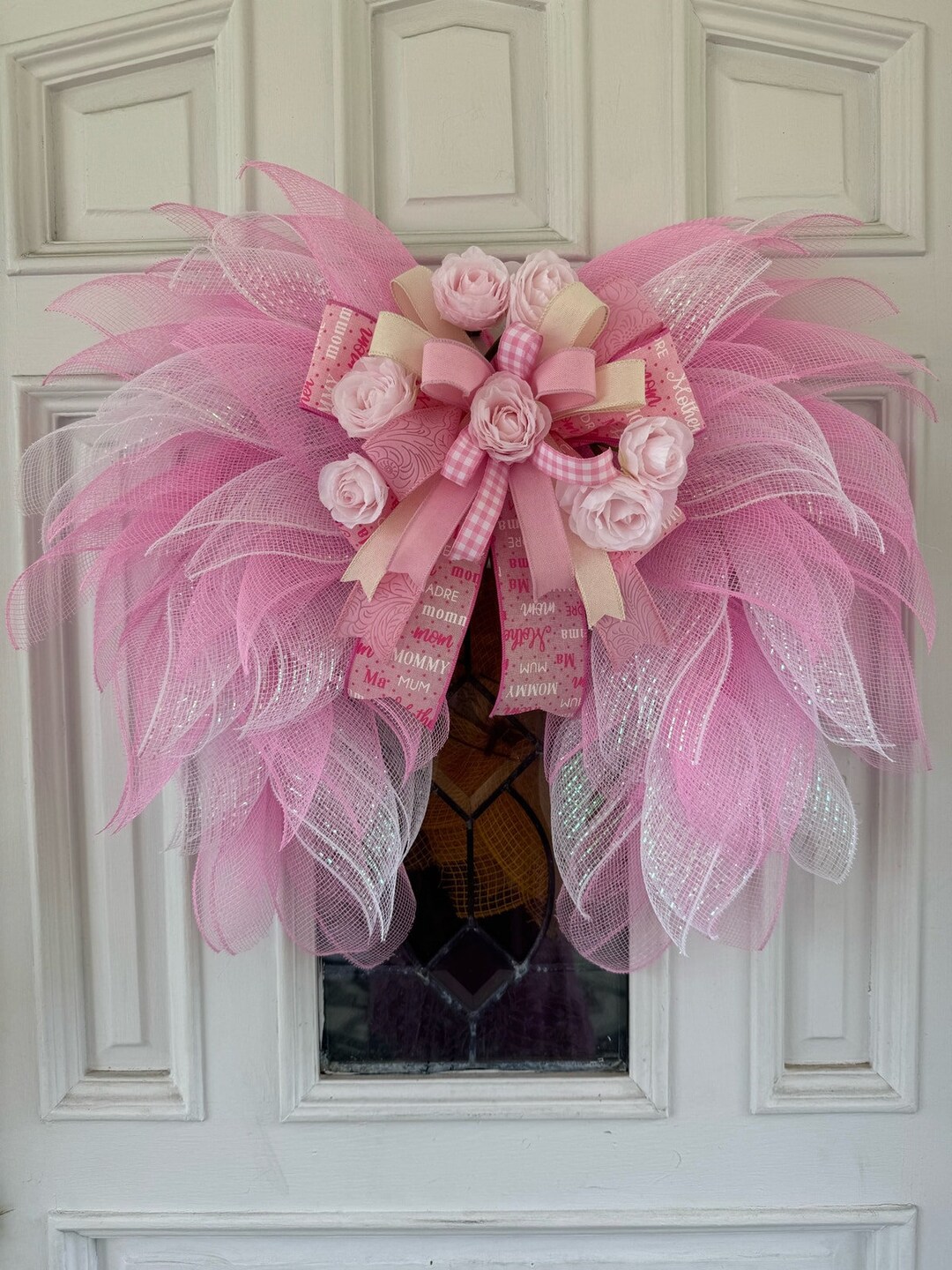 Handmade Angel Wing Wreath, Pink and White Mesh With Roses and Ribbons ...