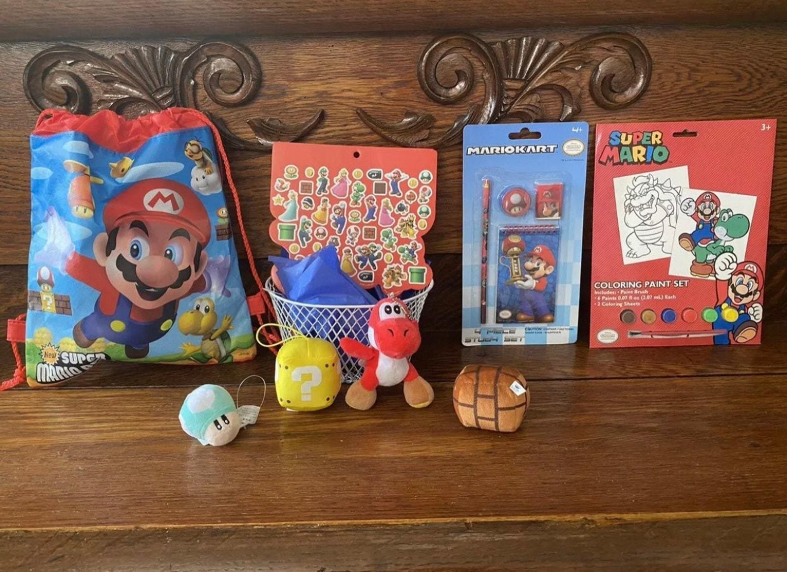 Super Mario Gift Basket for Kids | Plush Toys, Coloring Set, Stickers ...