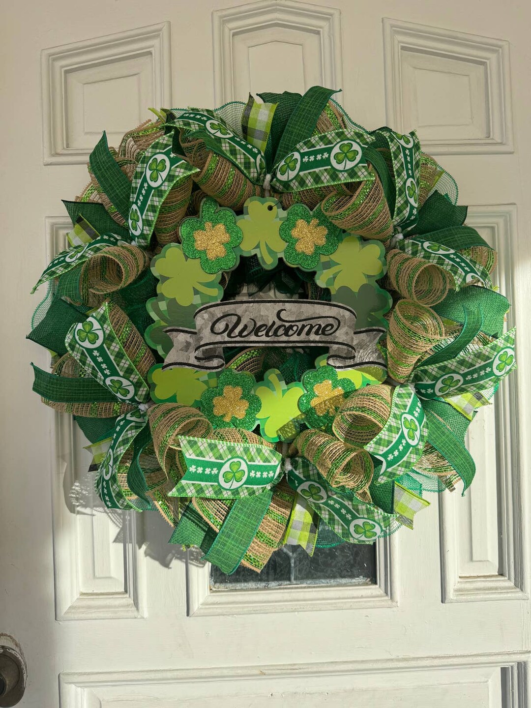 Welcome Shamrock Clover Saint Patrick’s Day Mesh Ribbon Wreath, Rustic ...