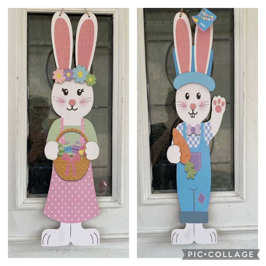 Boy and Girl Easter Bunny Rabbit Couple Hanging Wall Door Wreath Signs ...