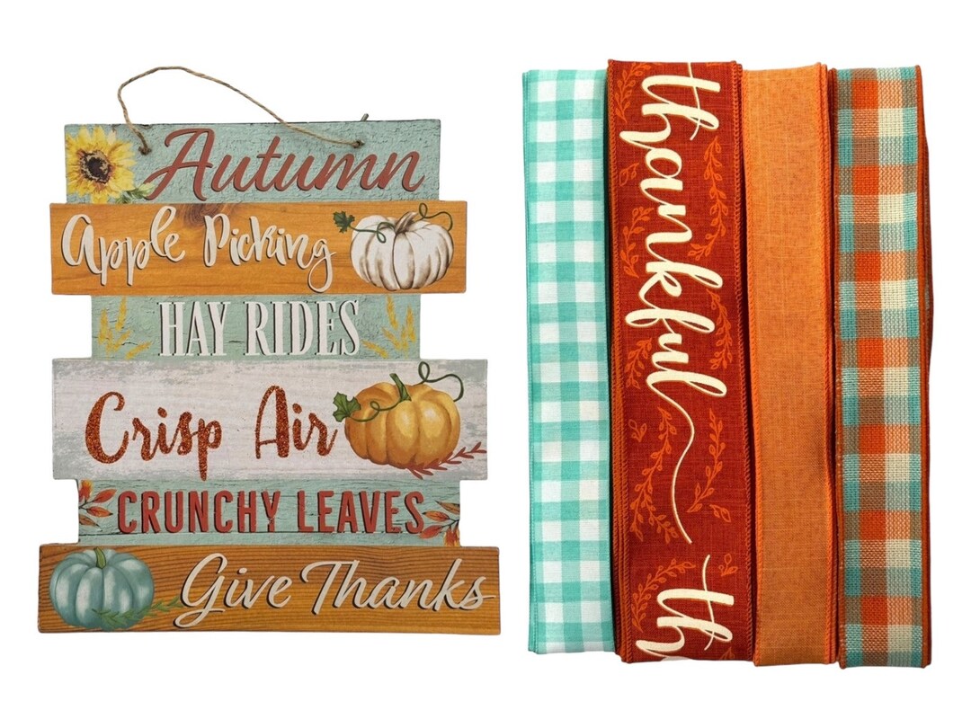 Thankful Fall Autumn Sign & Matching Ribbons Bundle Set, DIY Wreath ...