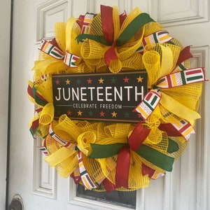 Juneteenth Deco Mesh Ribbon Wreath Red Yellow Green Celebrate Freedom ...