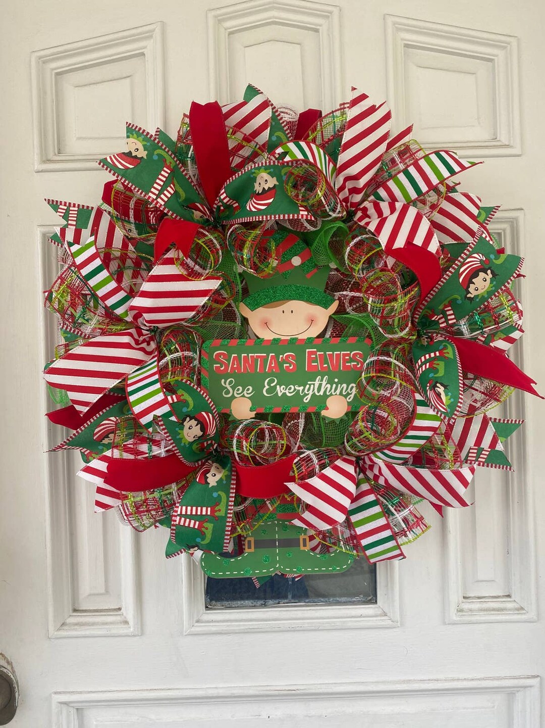Santas Elves See Everything Candy Cane Elf Deco Mesh Ribbon Christmas ...
