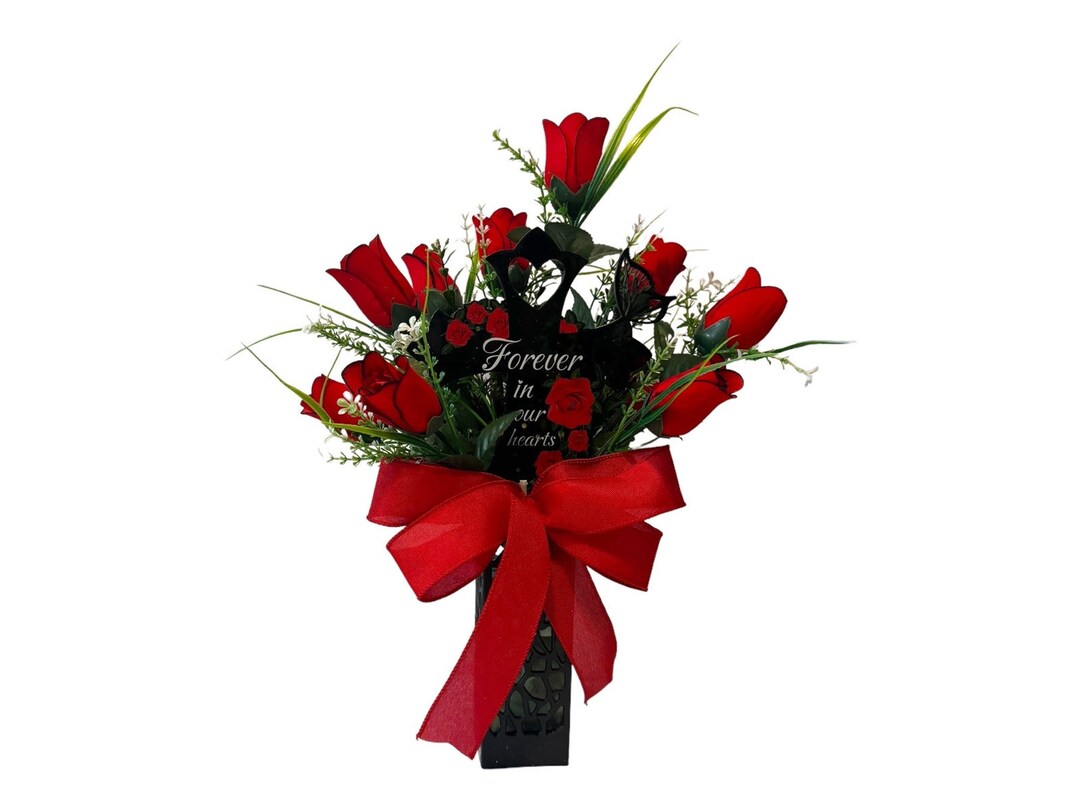 Forever in Our Hearts Cross Stake Red Rose Flower Arrangement Floral ...