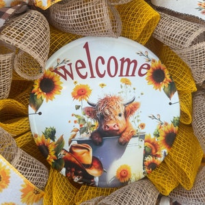 Welcome Highland Cow Sunflower Deco Mesh Ribbon Summer & Fall Wreath ...
