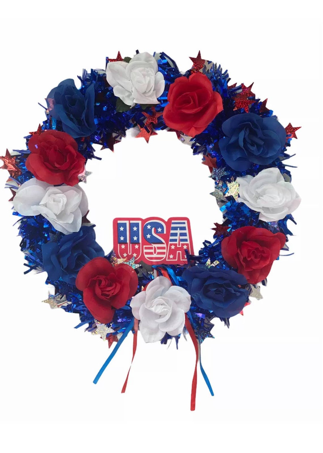Lighted Red White Blue Wreath, USA Flag Roses Floral Patriotic Tinsel ...