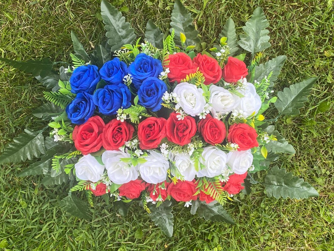 Patriotic Rose Cemetery Arrangement – Red White Blue Flag Grave Flowers ...