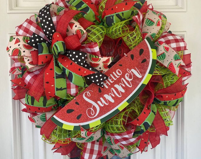 Hello Summer Watermelon Deco Mesh Ribbon Wreath, Large Watermelon Bow ...