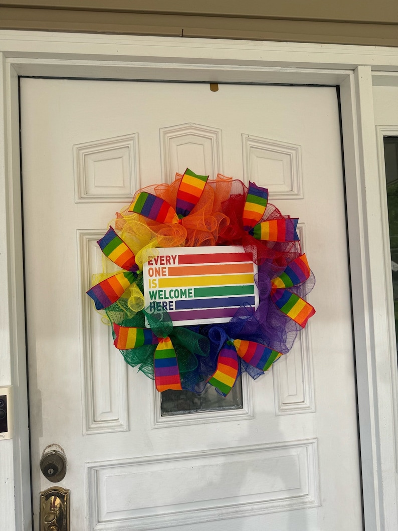 Everyone is Welcome Here Rainbow Pride Flag LGBTQ Sign Mesh Ribbon ...