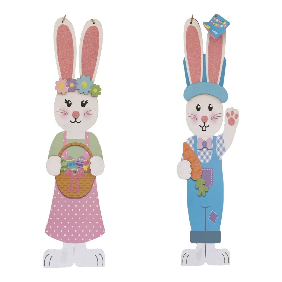 Boy and Girl Easter Bunny Rabbit Couple Hanging Wall Door Wreath Signs ...