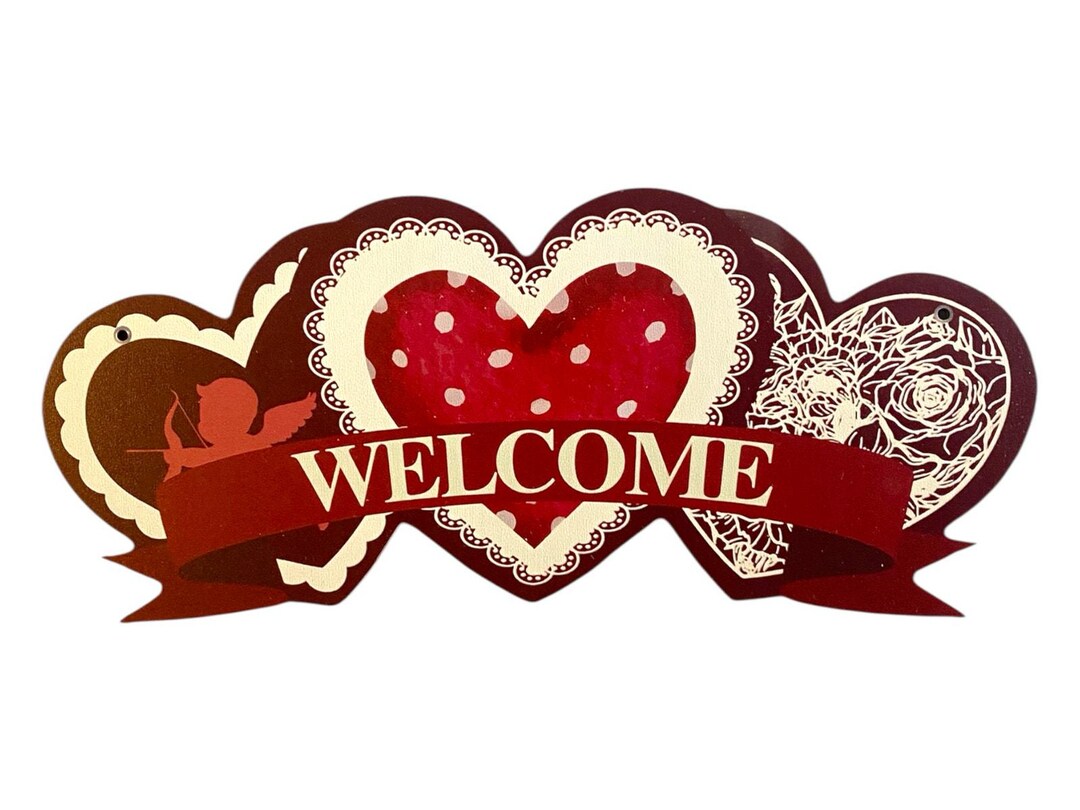 Valentine Welcome Heart Sign, Love Heart Door Sign, Valentine Cupid ...