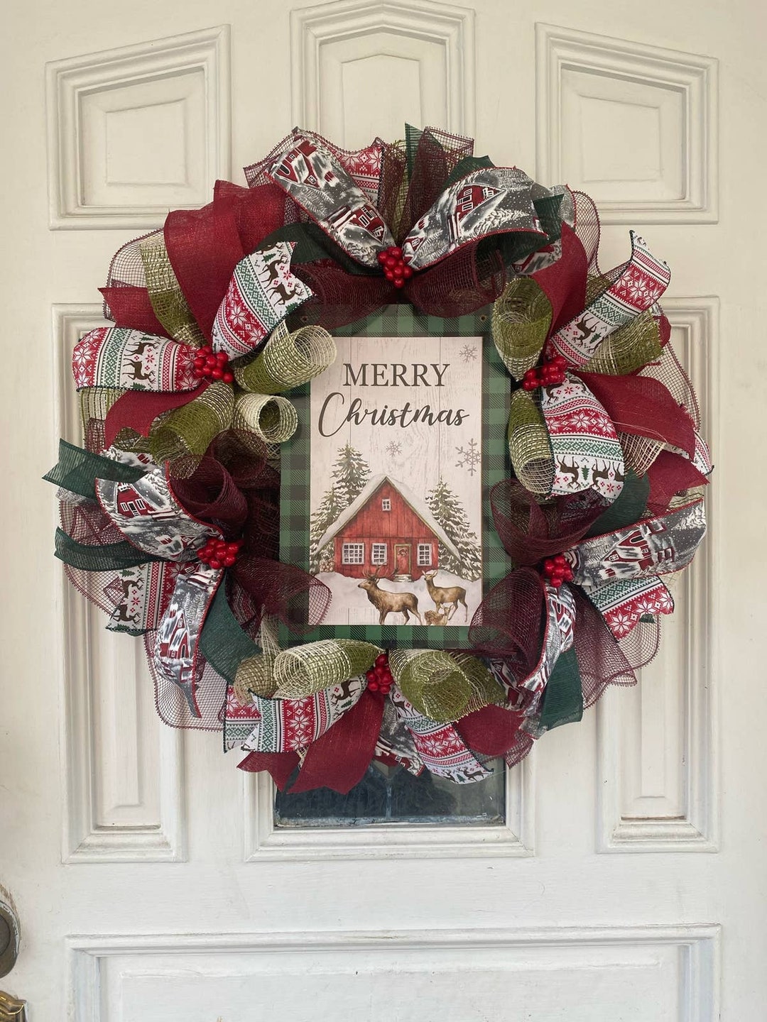 Merry Christmas Cabin in the Woods Deer Deco Mesh Ribbon Winter Wreath ...