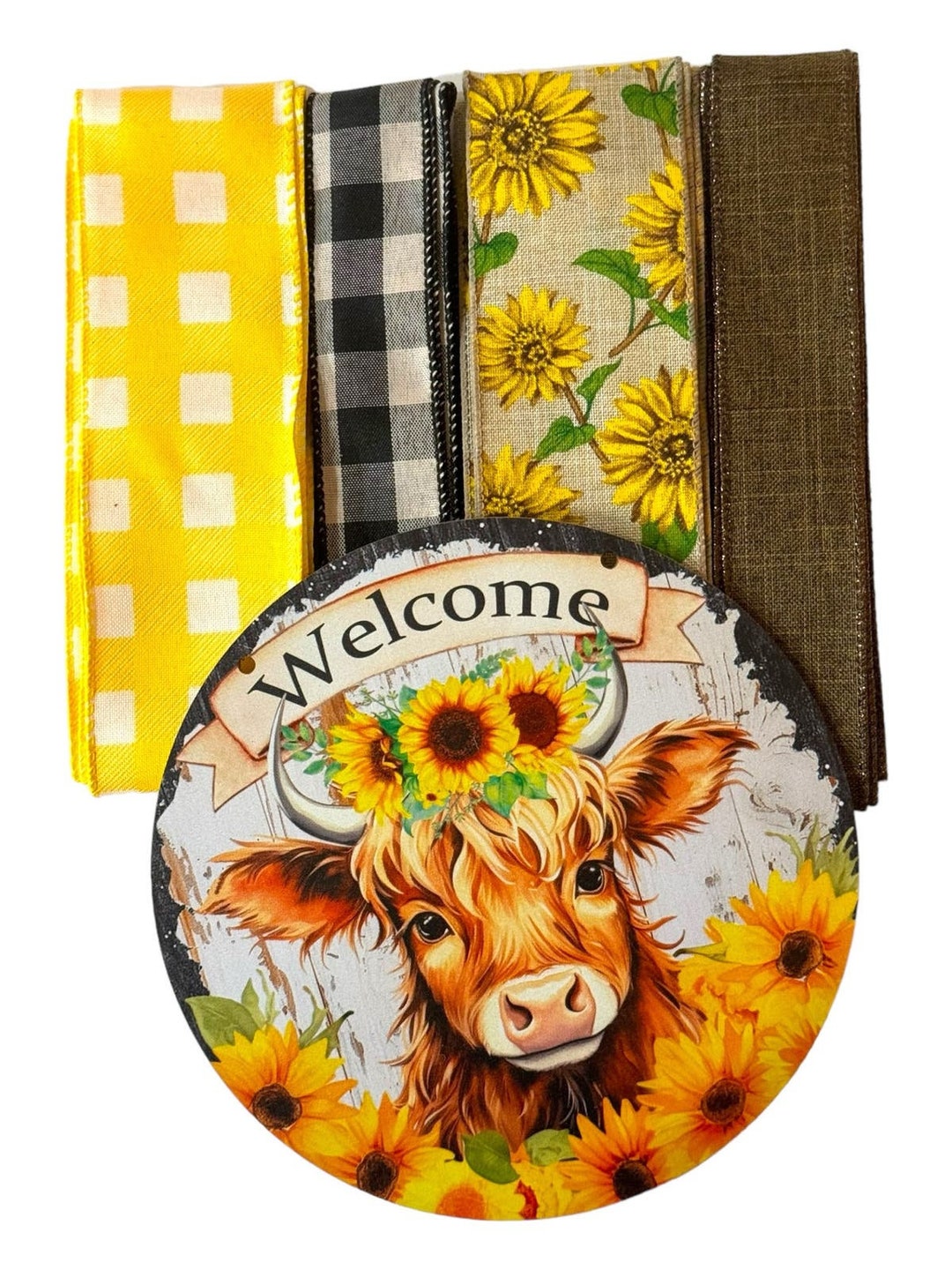 Welcome Highland Cow Sunflower Sign & Ribbon Bundle Set, DIY Wreath ...