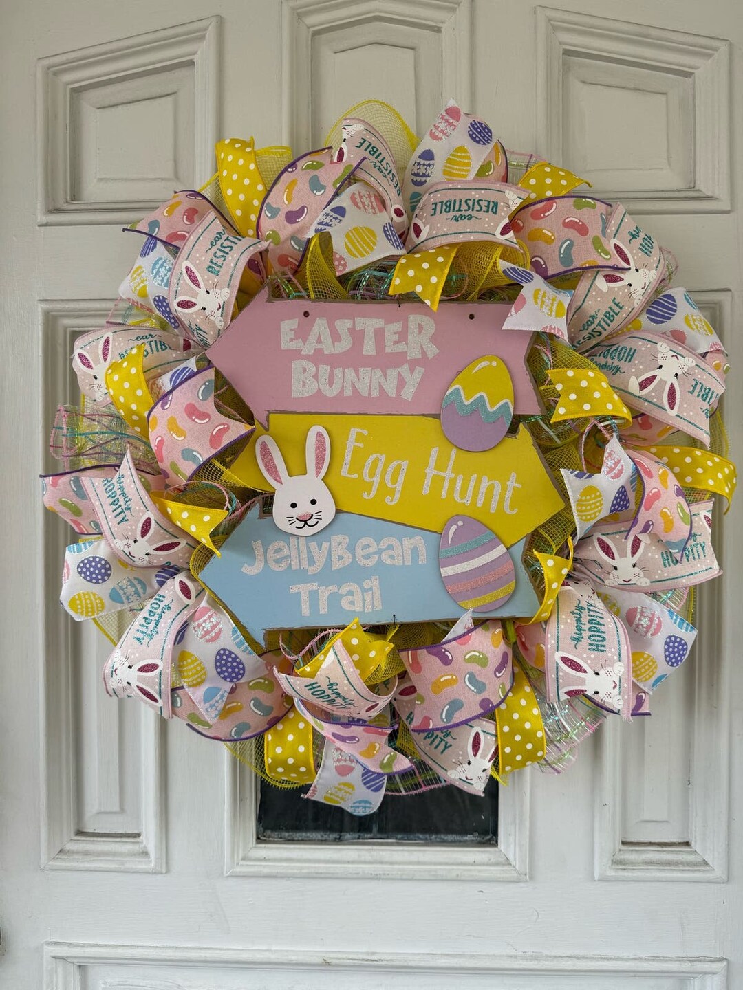 Easter Bunny Jelly Bean Trail Egg Hunt Sign Deco Mesh & Ribbon Spring ...