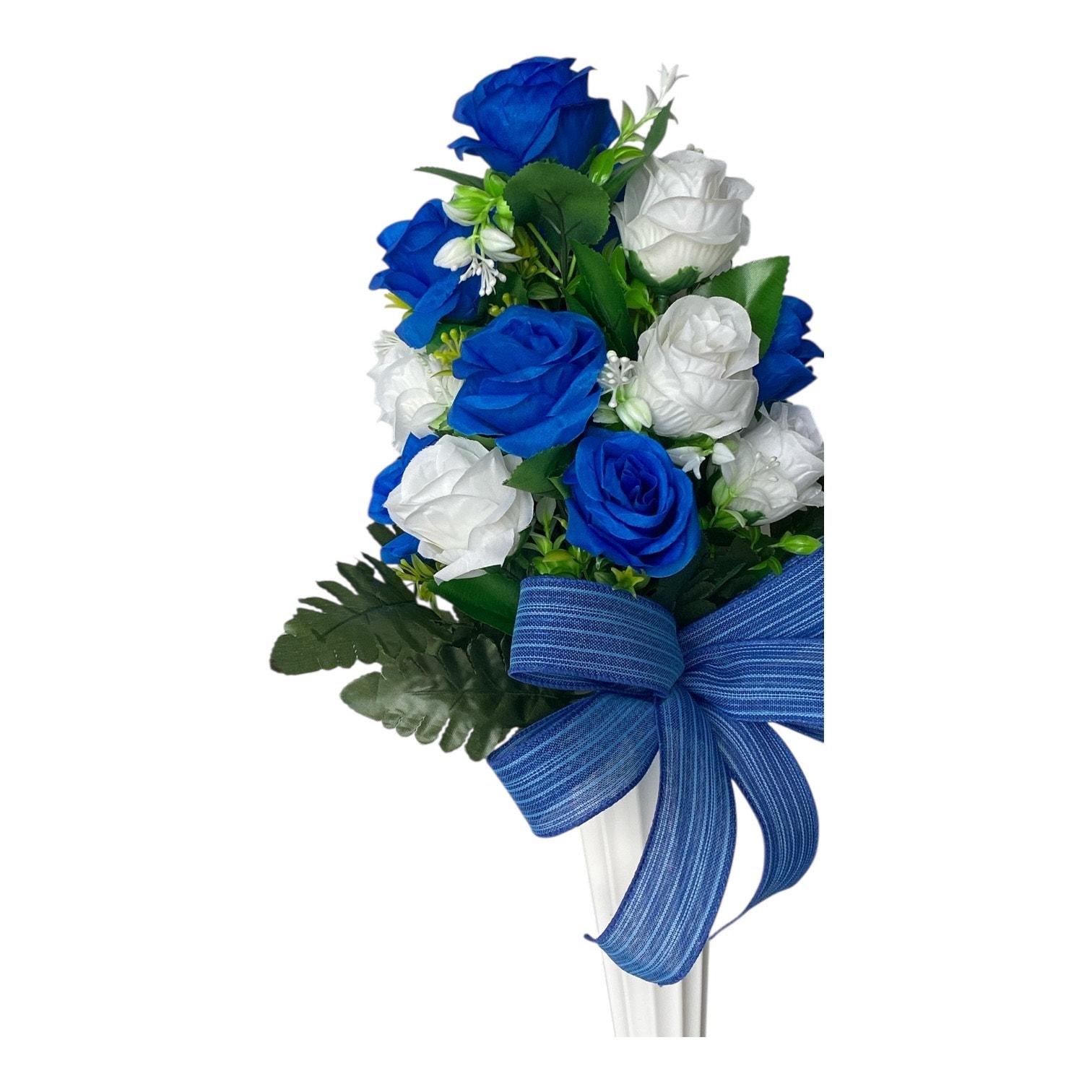 Blue & White Rose Cemetery Flower Saddle With Ground Stake – Memorial ...