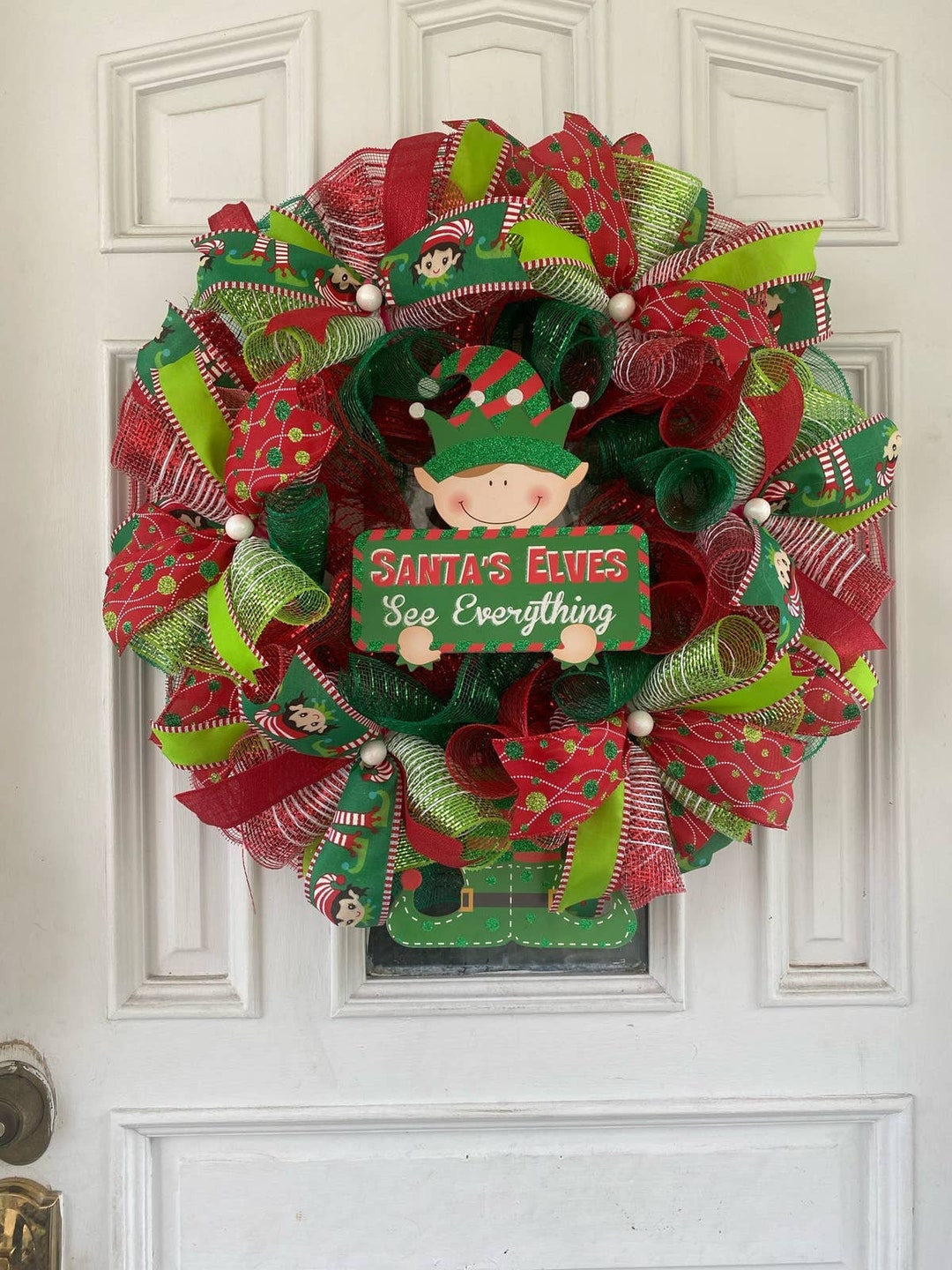 Santas Elves See Everything Candy Cane Elf Deco Mesh Ribbon Christmas ...