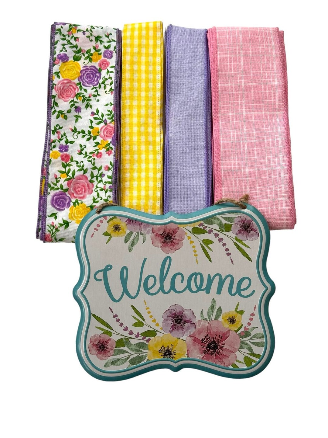 Welcome Spring Flowers Sign & Ribbon Bundle Set, DIY Summer Wreath ...