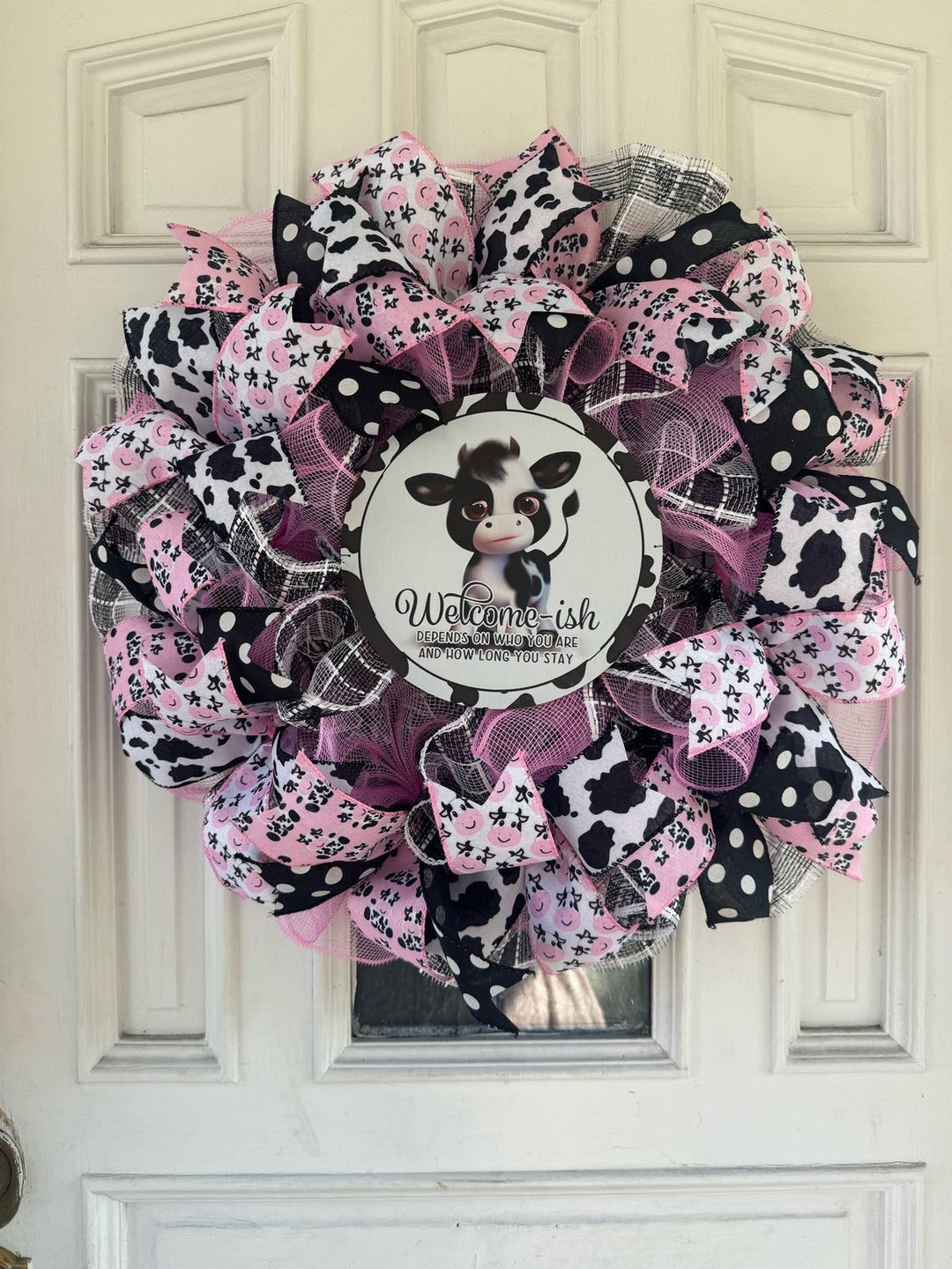 Pink Black Cow Welcome-ish Mesh Ribbon Spring Wreath Front Door Hanger ...