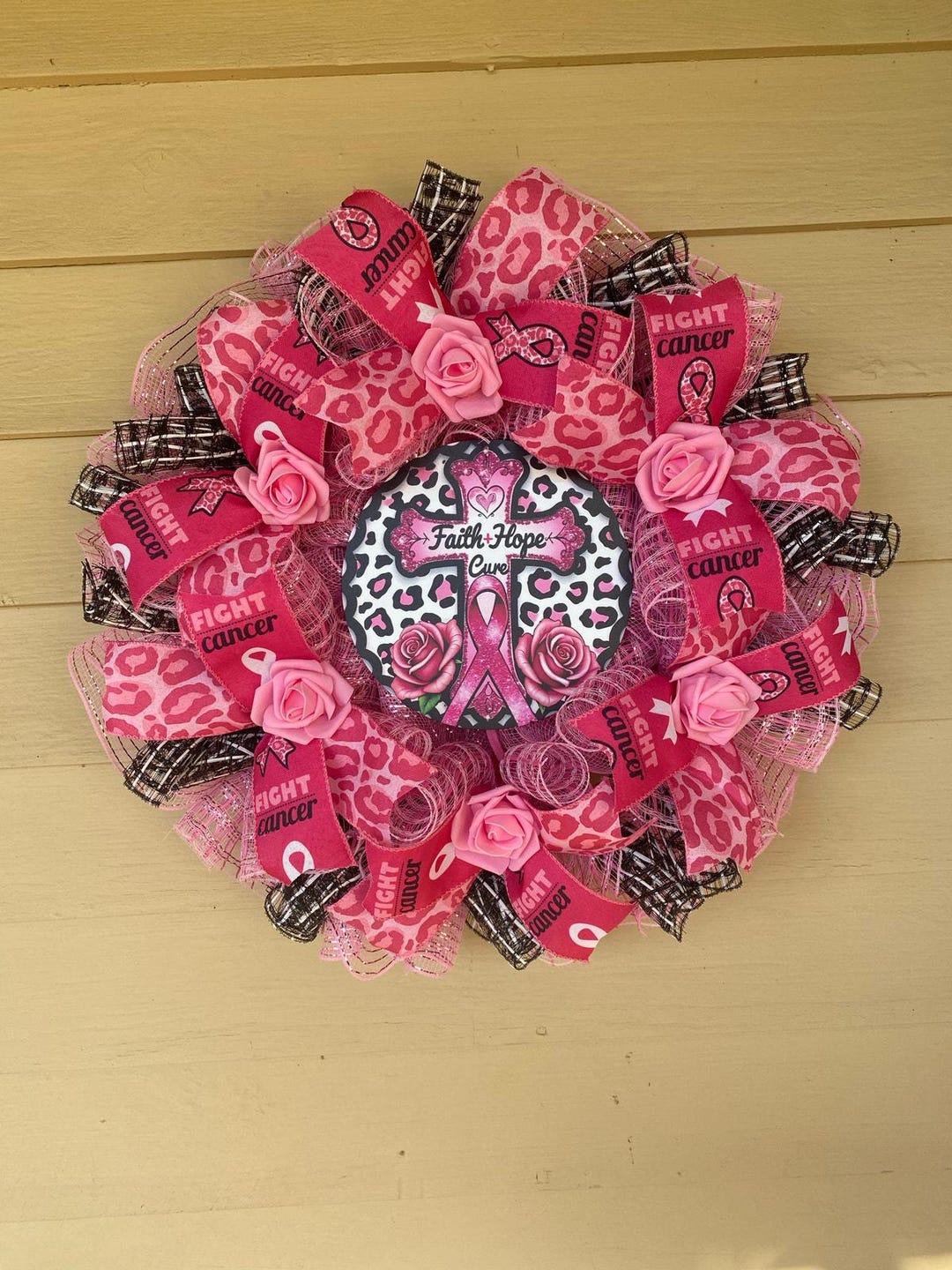 Faith Hope Cure Breast Cancer Awareness Wreath – Pink Ribbon Door Decor ...