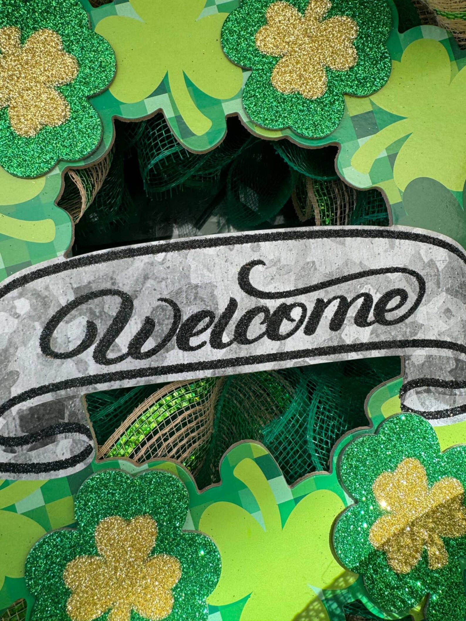 Welcome Shamrock Clover Saint Patrick’s Day Mesh Ribbon Wreath, Rustic ...