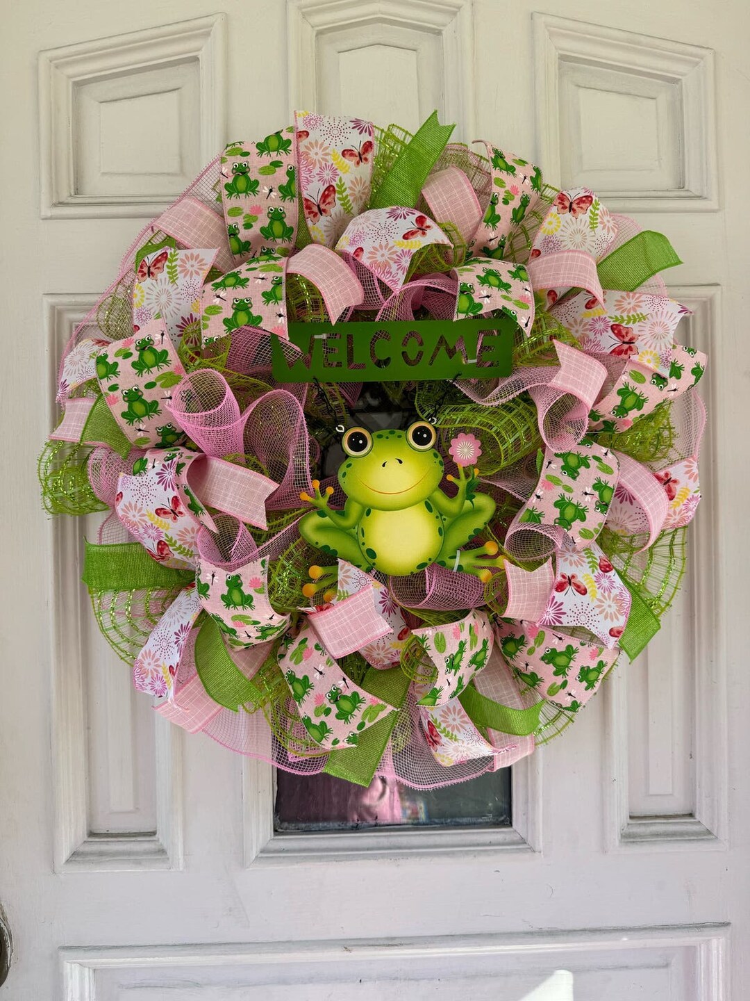 Welcome Frog Deco Mesh Ribbon Spring & Summer Wreath Front Door Hanger ...